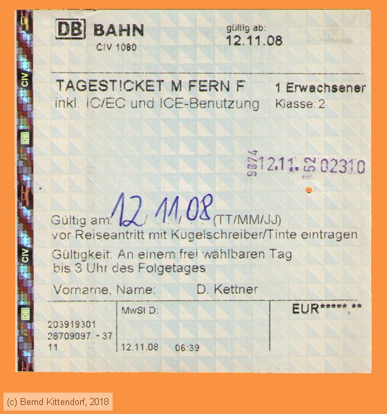 Deutschland – Eisenbahn - Fahrkarten - aus Fahrscheinautomaten - 2008