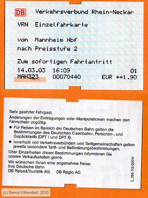 Deutschland – Eisenbahn - Fahrkarten - DB im VRN